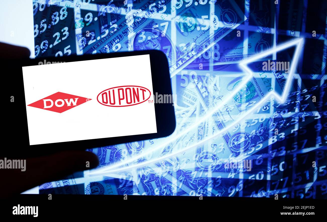 The logo of Dow DuPont is seen on a screen of a smartphone next to an ...