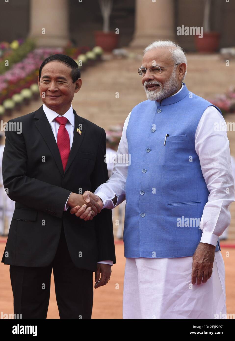 NEW DELHI, INDIA - FEBRUARY 27: Prime Minister Narendra Modi greets ...