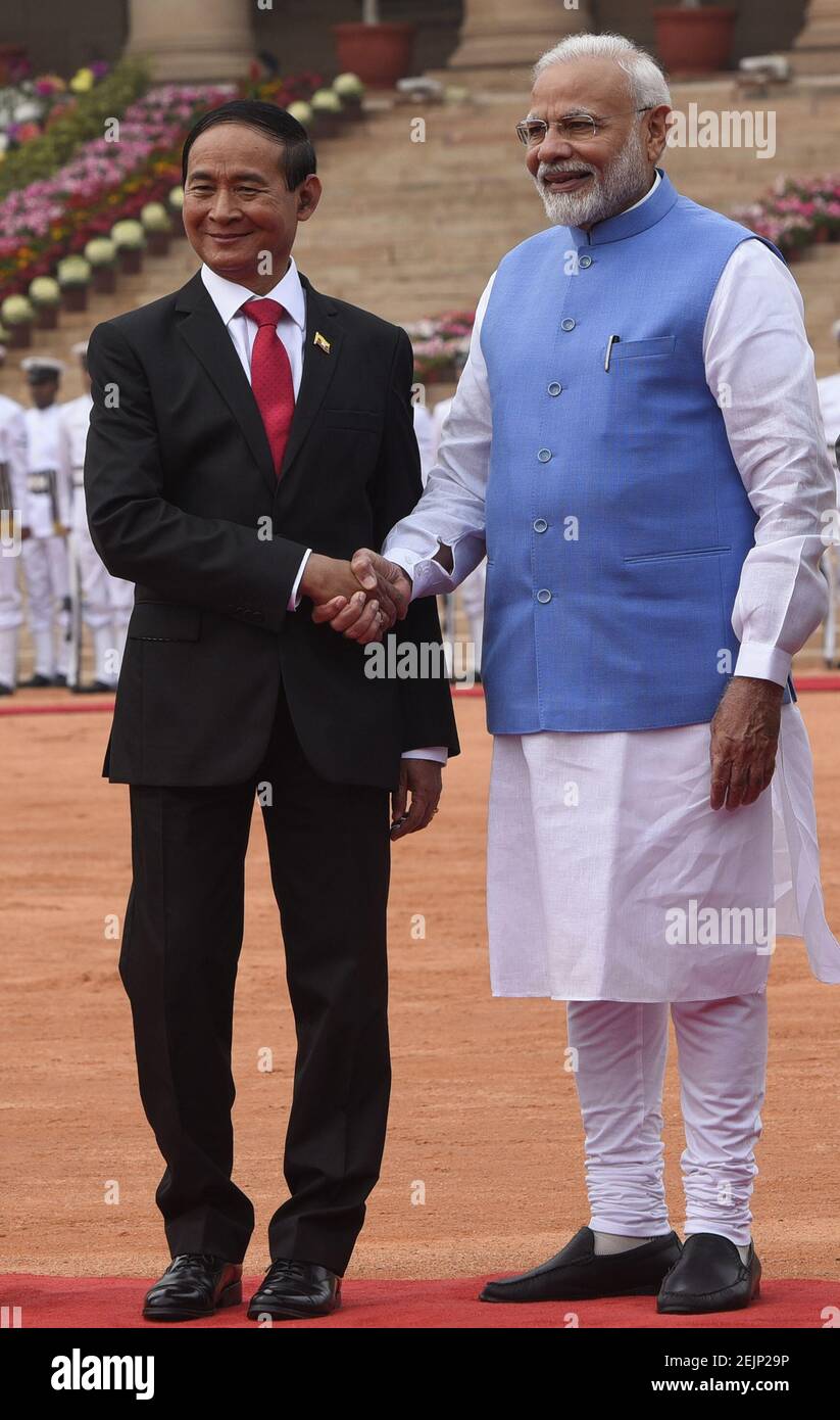 NEW DELHI, INDIA - FEBRUARY 27: Prime Minister Narendra Modi greets ...