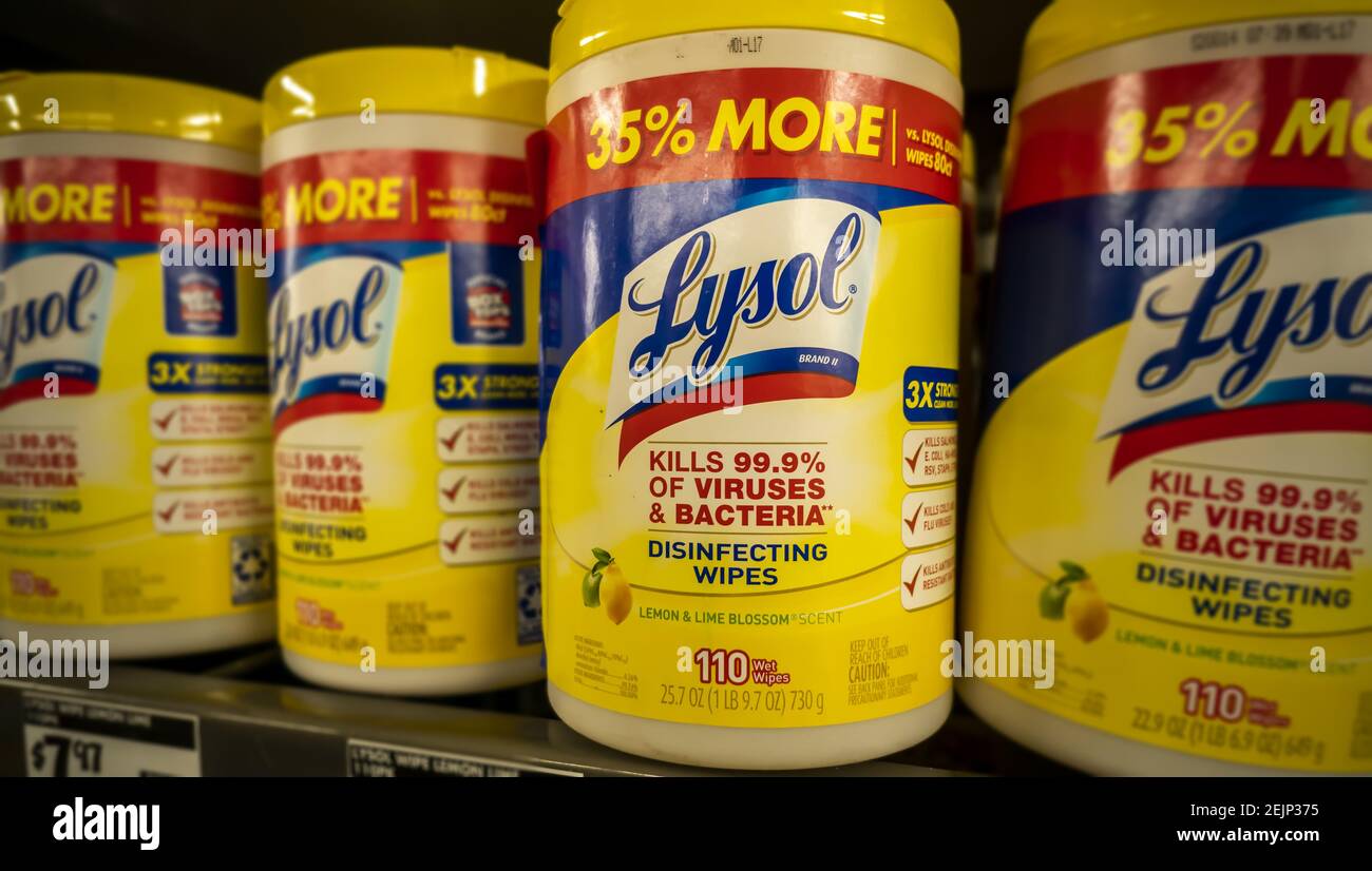 Containers Lysol disinfecting products are seen on a shelf in a ...