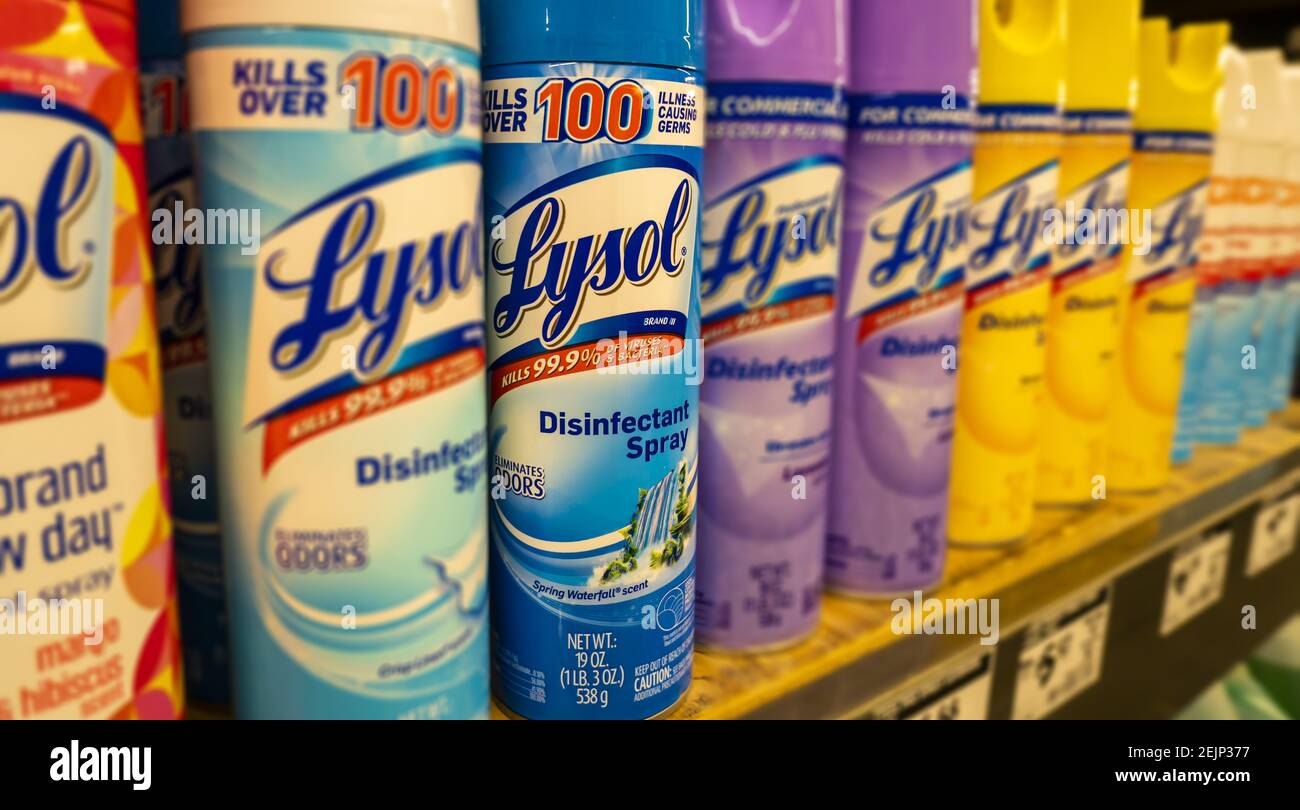 Containers Lysol disinfecting products are seen on a shelf in a ...