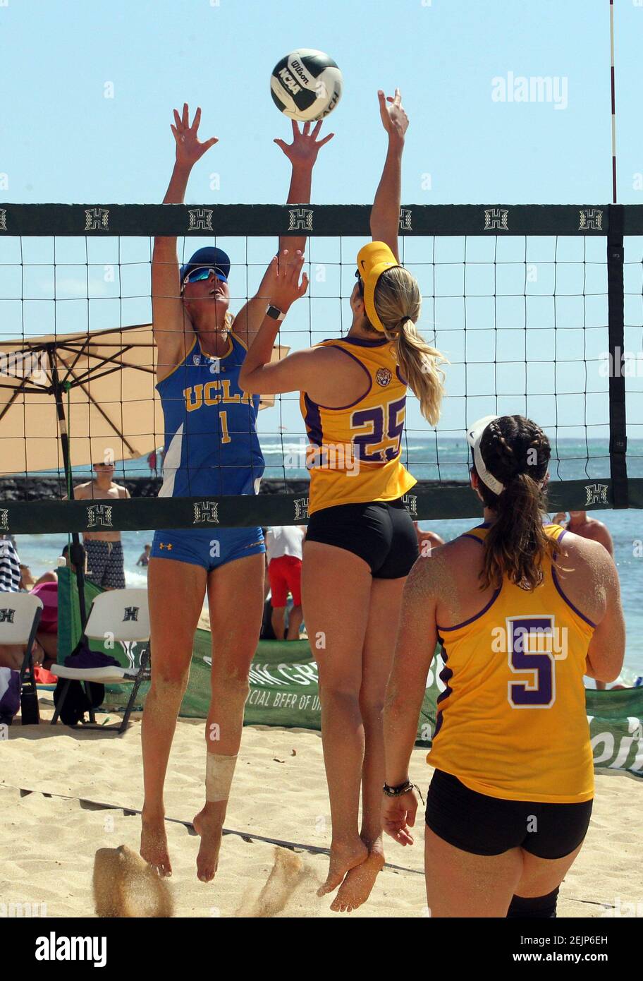February 22, 2020 - UCLA Bruins Mac May #1 attempts tp block LSU Tigers ...