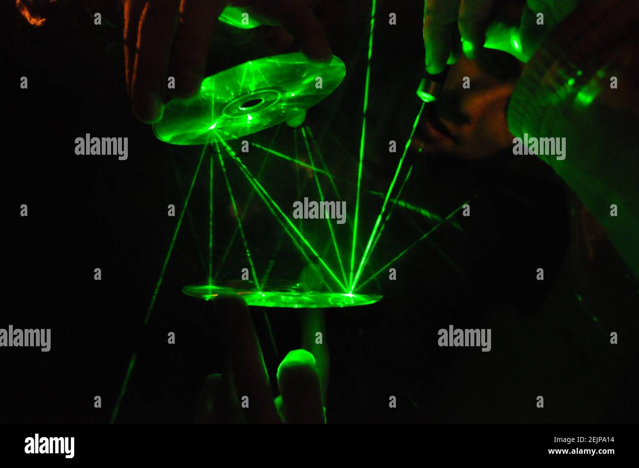 Green Laser beam bouncing from CD Stock Photo - Alamy