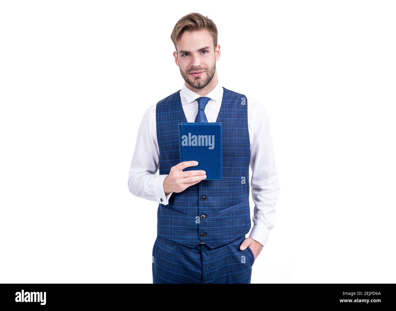 Personal growth. Business coach hold book wearing formal style. Career ...