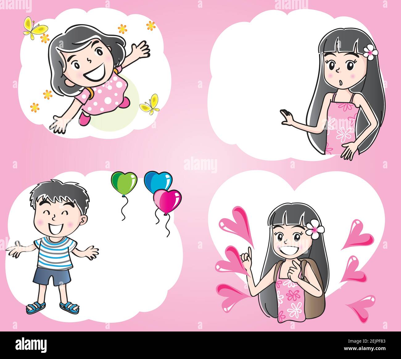 vector cartoon girl and boy with love stickers border background set ...