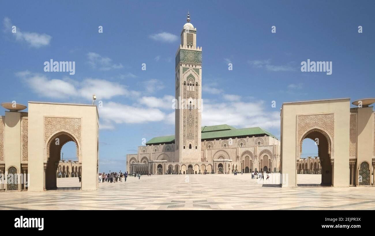 wide view of the entrance to hassan ii mosque in casablanca, morroco ...