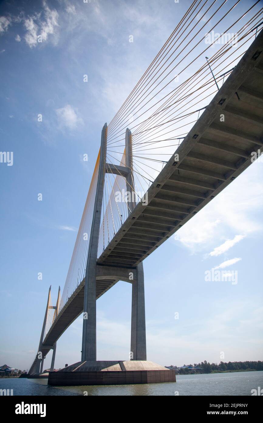 Wide angle view of the Tsubasa - Neak Loeung Bridge spanning the Mekong ...