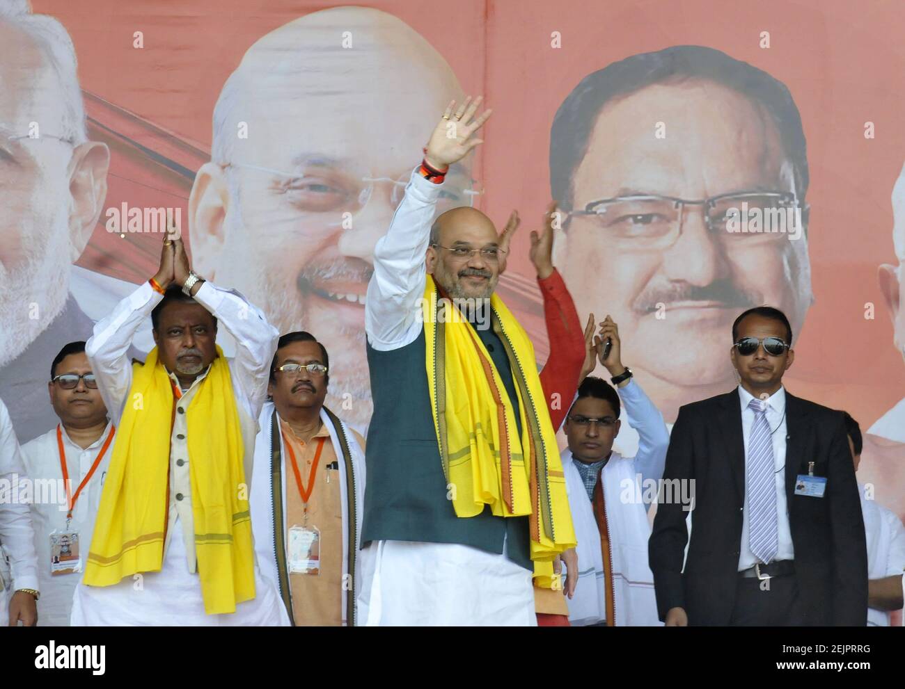 Union Home Minister Amit Shah waves hand during a public meeting at ...