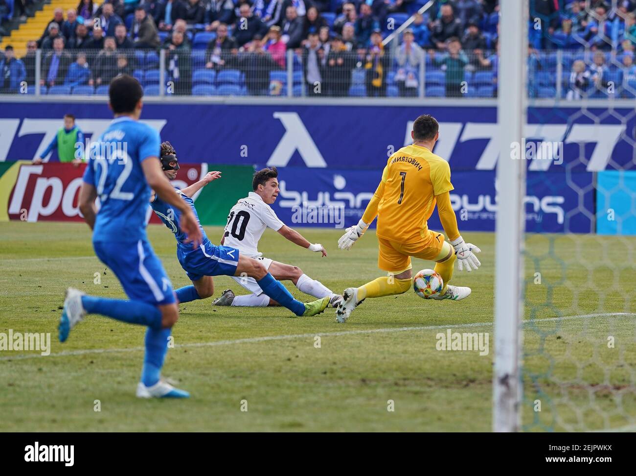 March 1, 2020: Filip Krastev of Slavia Sofia shot on goal saved by Milan Mijatovic of Levski ...