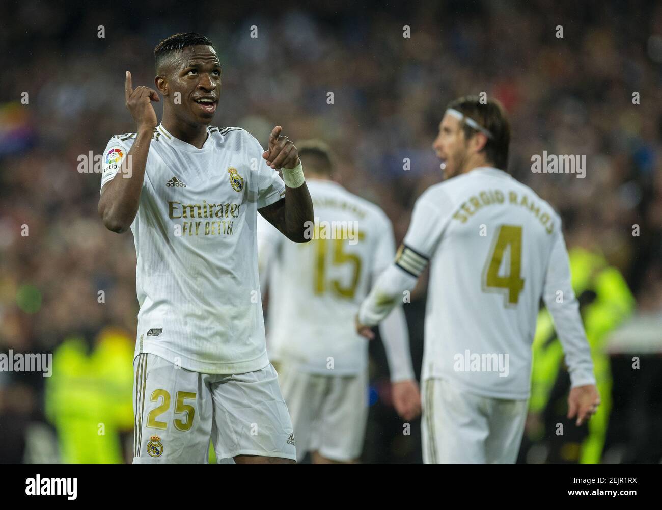 Vinicius Jr of Real Madrid celebrates a goal during the Spanish La Liga ...