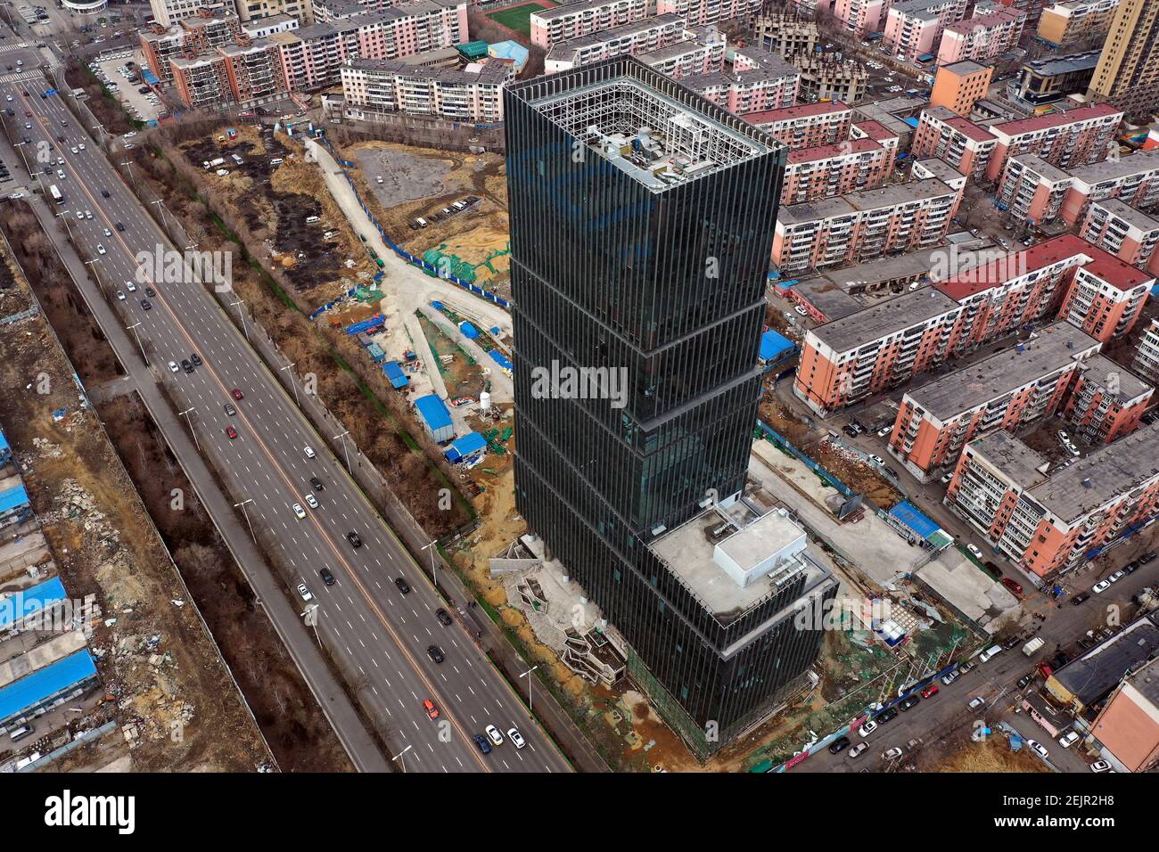 An aerial view of a 50-storey building that looks like a huge boot ...