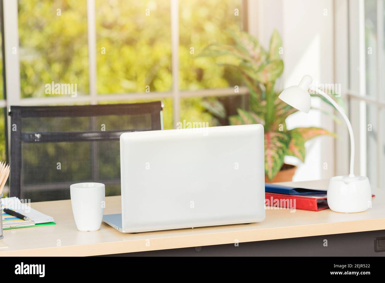 Back laptop computer putting on working desk, Workplace with notebook ...