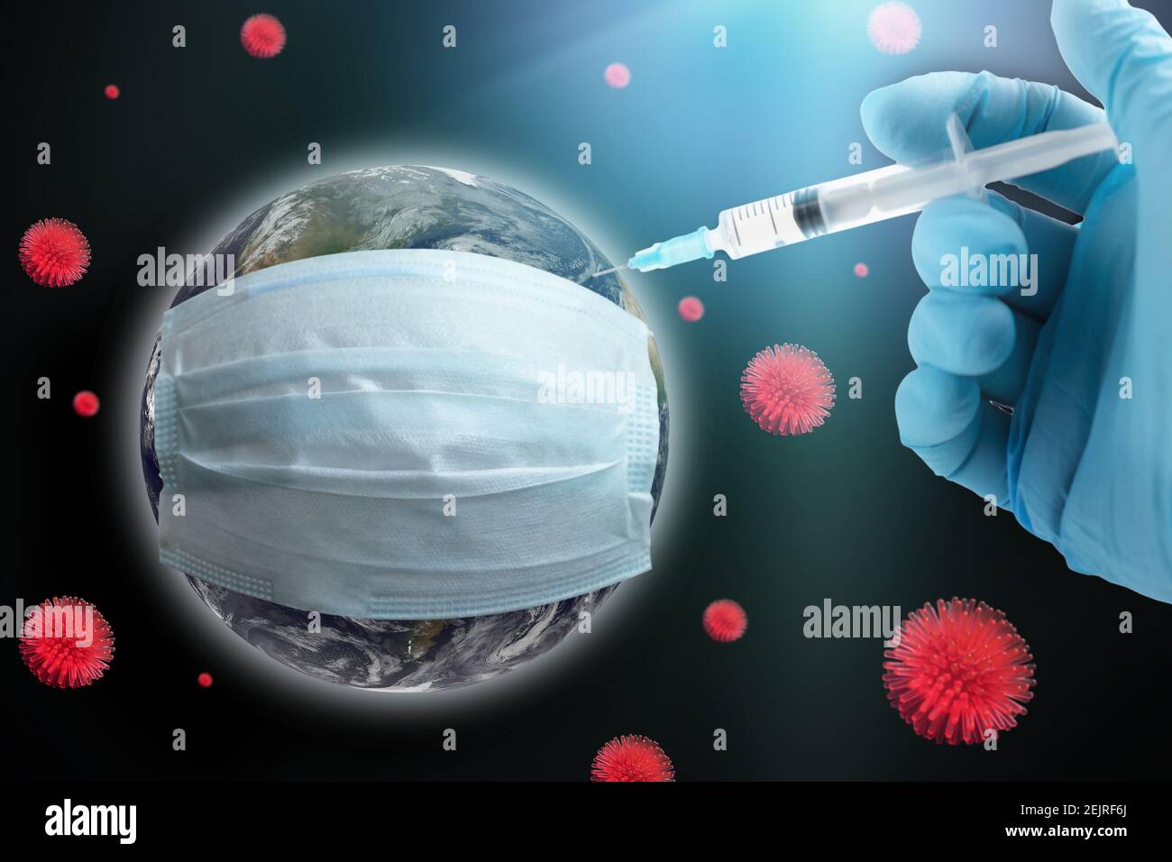 Coronavirus global vaccination concept. Earth in a protective mask ...