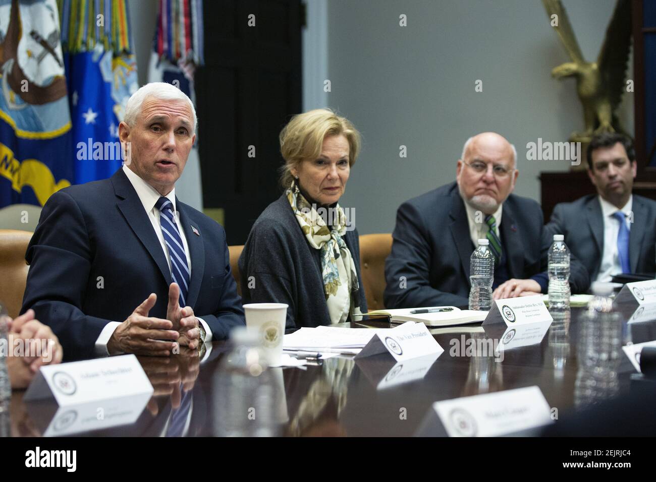 U.S. Vice President Mike Pence, left, speaks during a meeting with ...