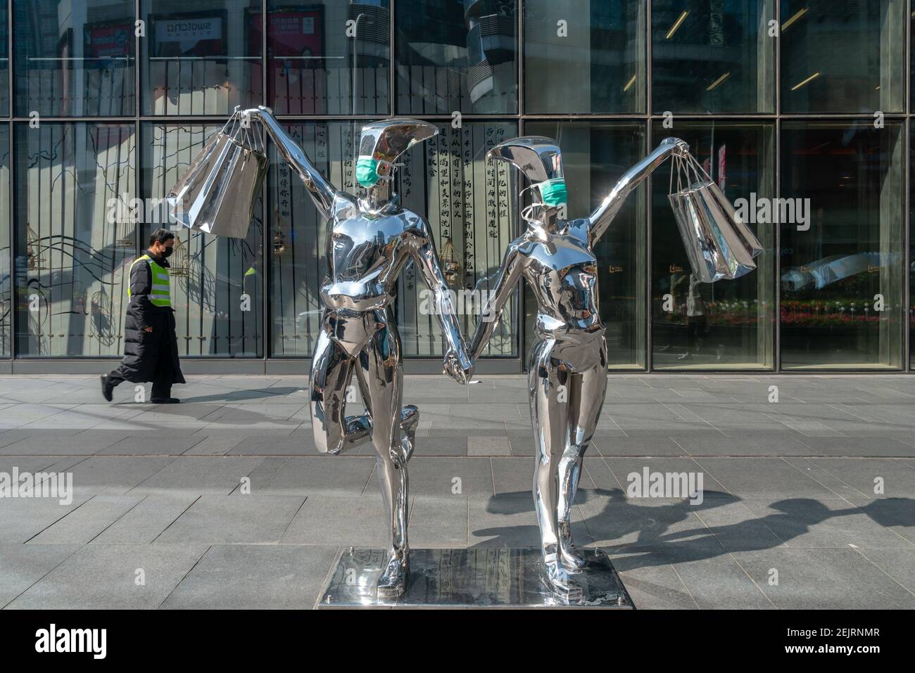 Shanghai,CHINA-On March 5, 2020, a pair of stainless steel statues were ...