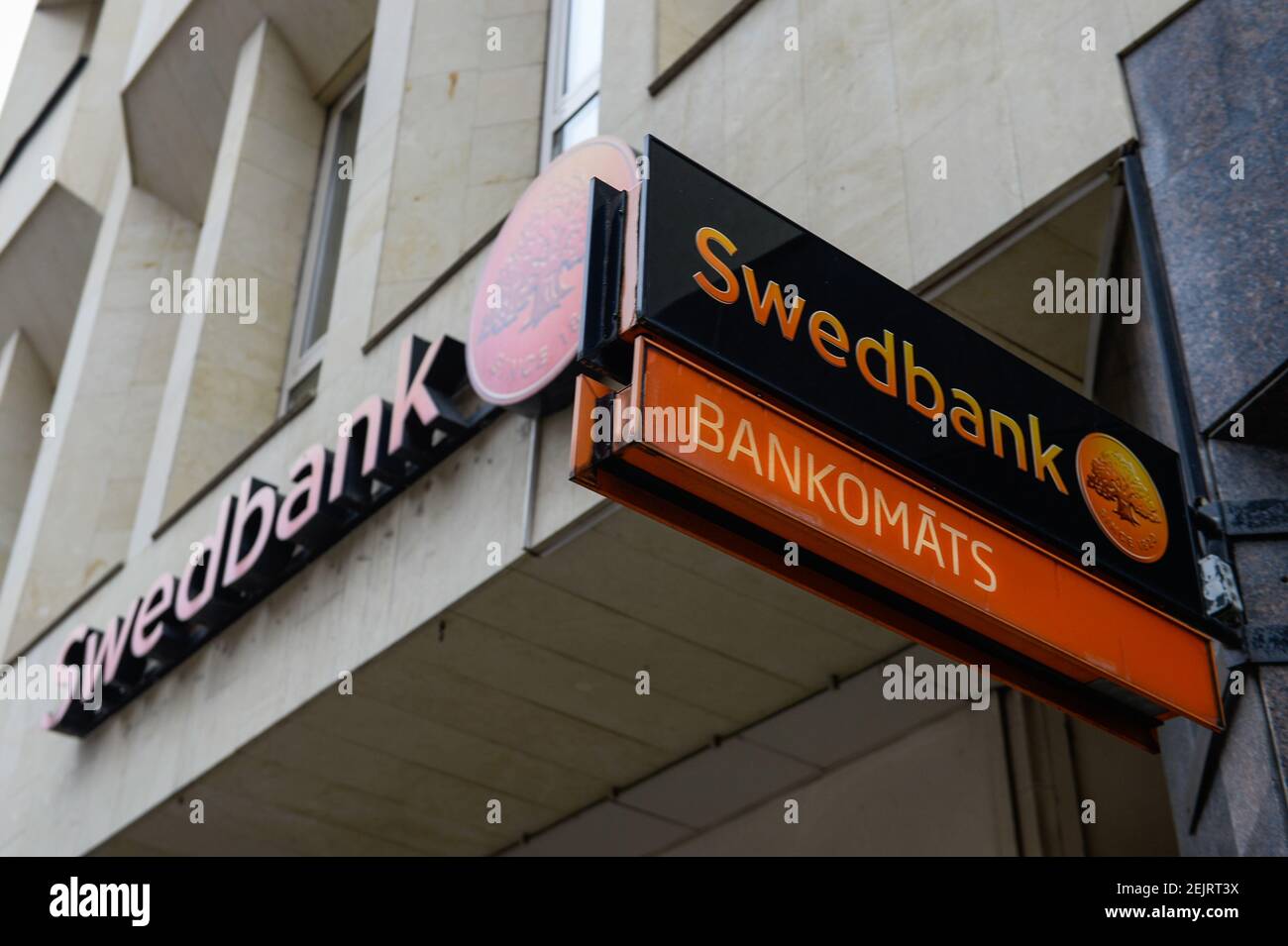 A view of Swedbank branch logo in Riga. (Photo by Omar Marques / SOPA ...