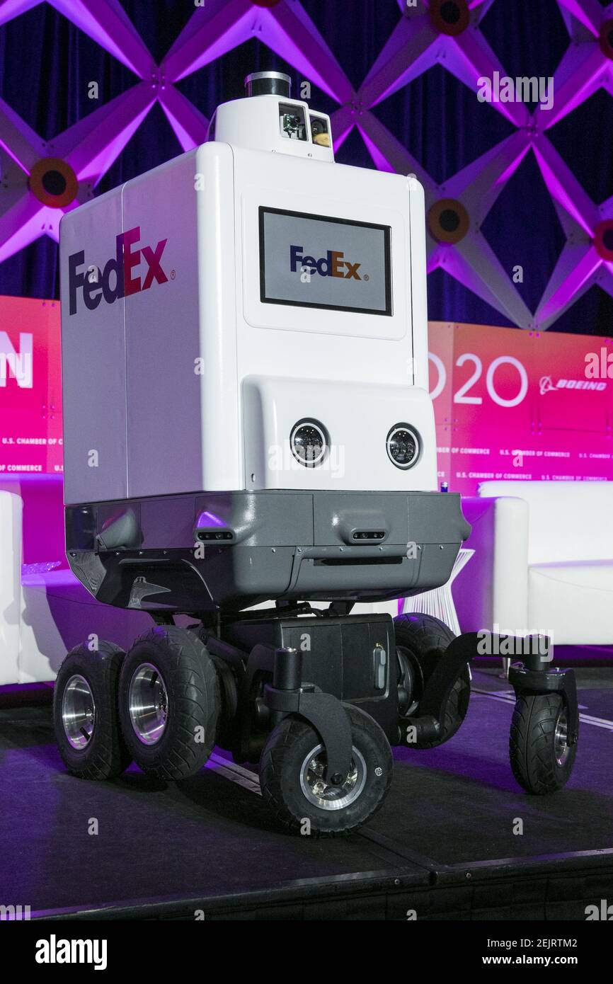 A FedEx Roxo SameDay Delivery Bot on display at the U.S. Chamber of ...