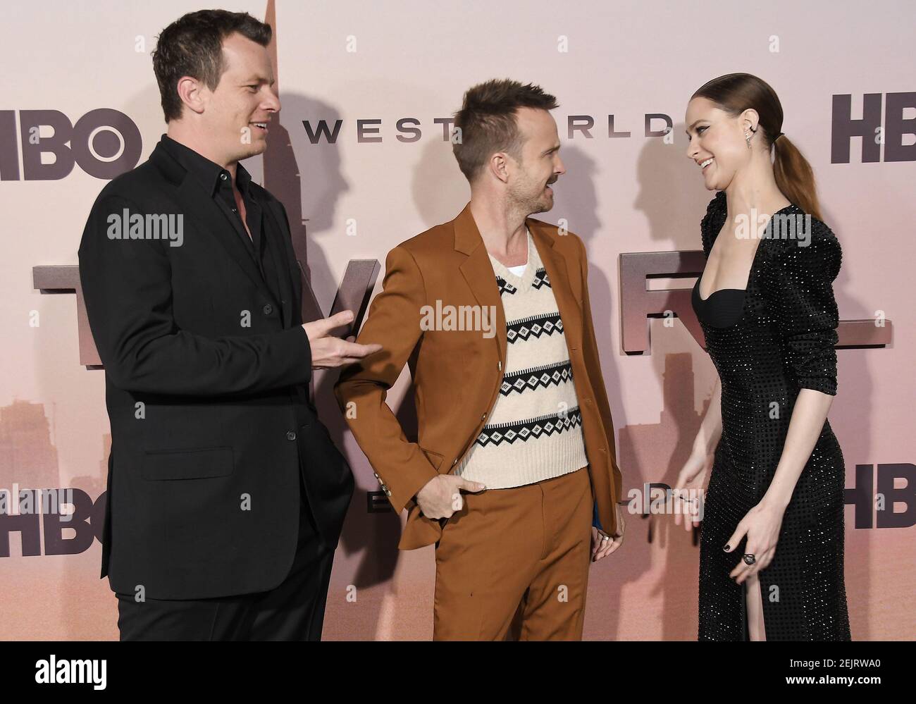 (L-R) Jonathan Nolan, Aaron Paul and Evan Rachel Wood at the HBO’s ...