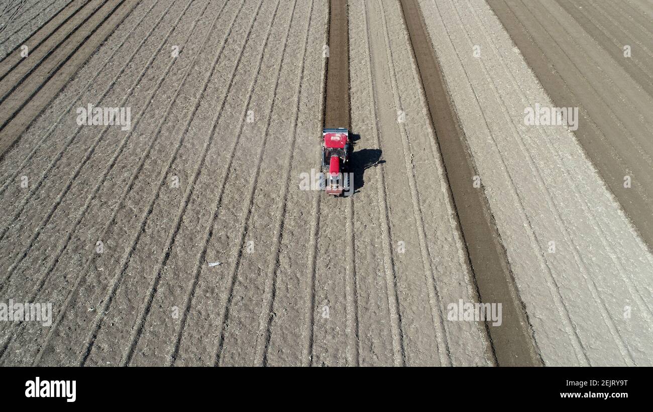 An aerial view of local farmers doing farm work in the fields as Spring ...