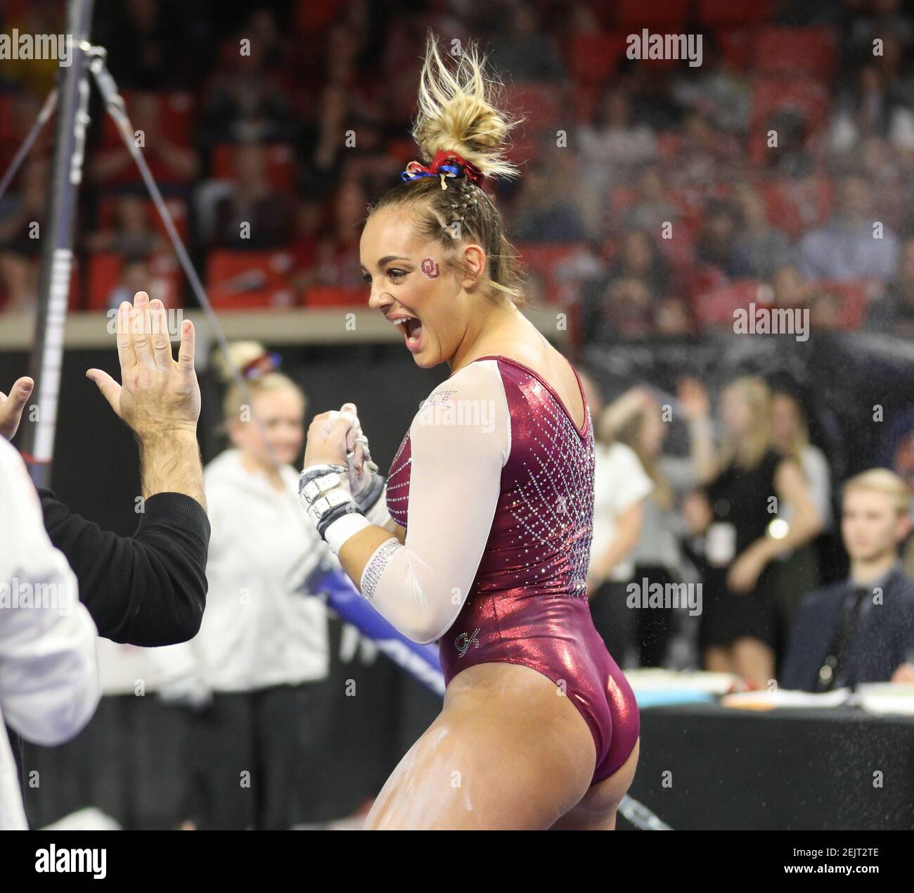 Oklahoma gymnast Maggie Nichols smiles after her near-perfect bar ...