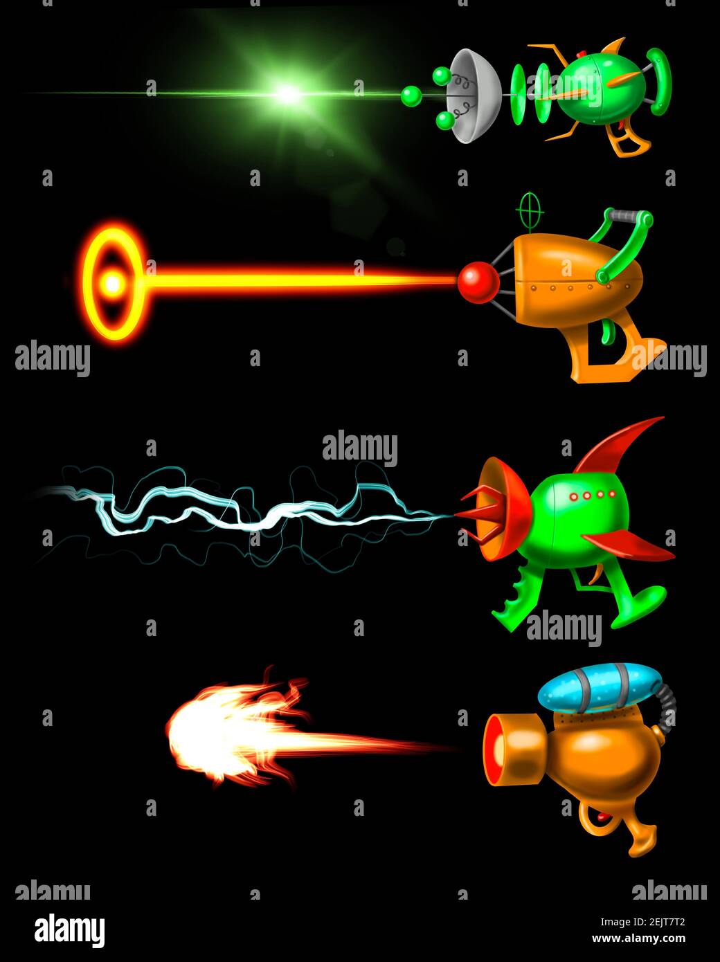 Set of cartoon retro space blasters, beam guns, laser weapons, pattern ...