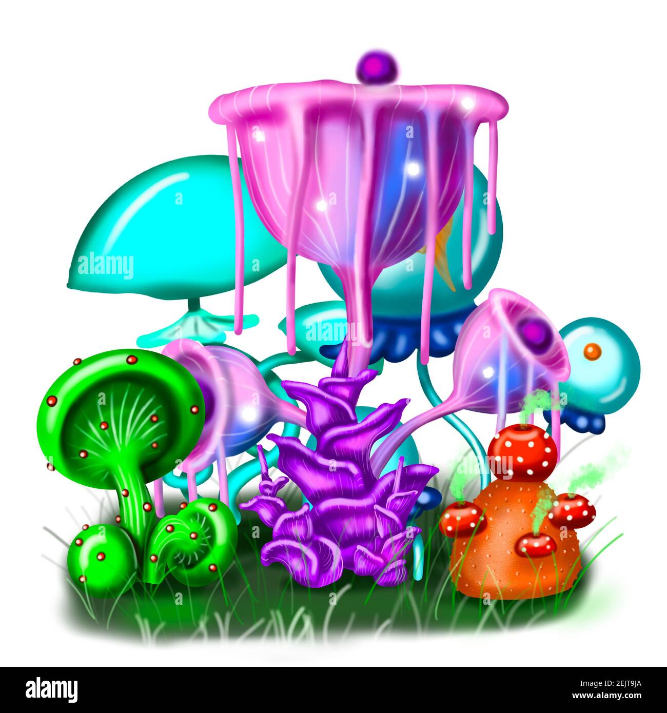 Fantasy cartoon daytime forest with mushrooms landscape. illustration ...