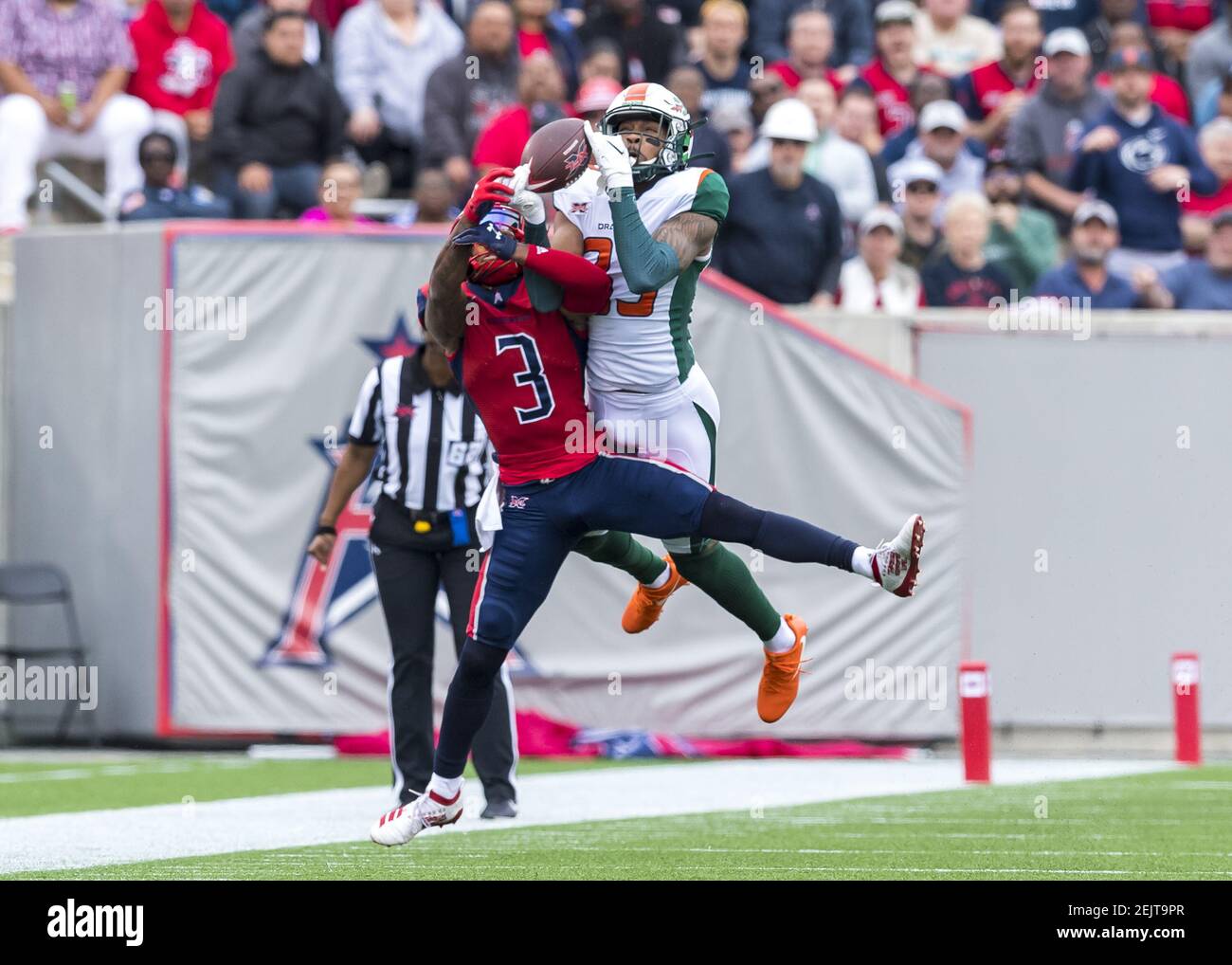 March 07, 2020 : Seattle Dragons safety Jordan Martin (33) catches the ...
