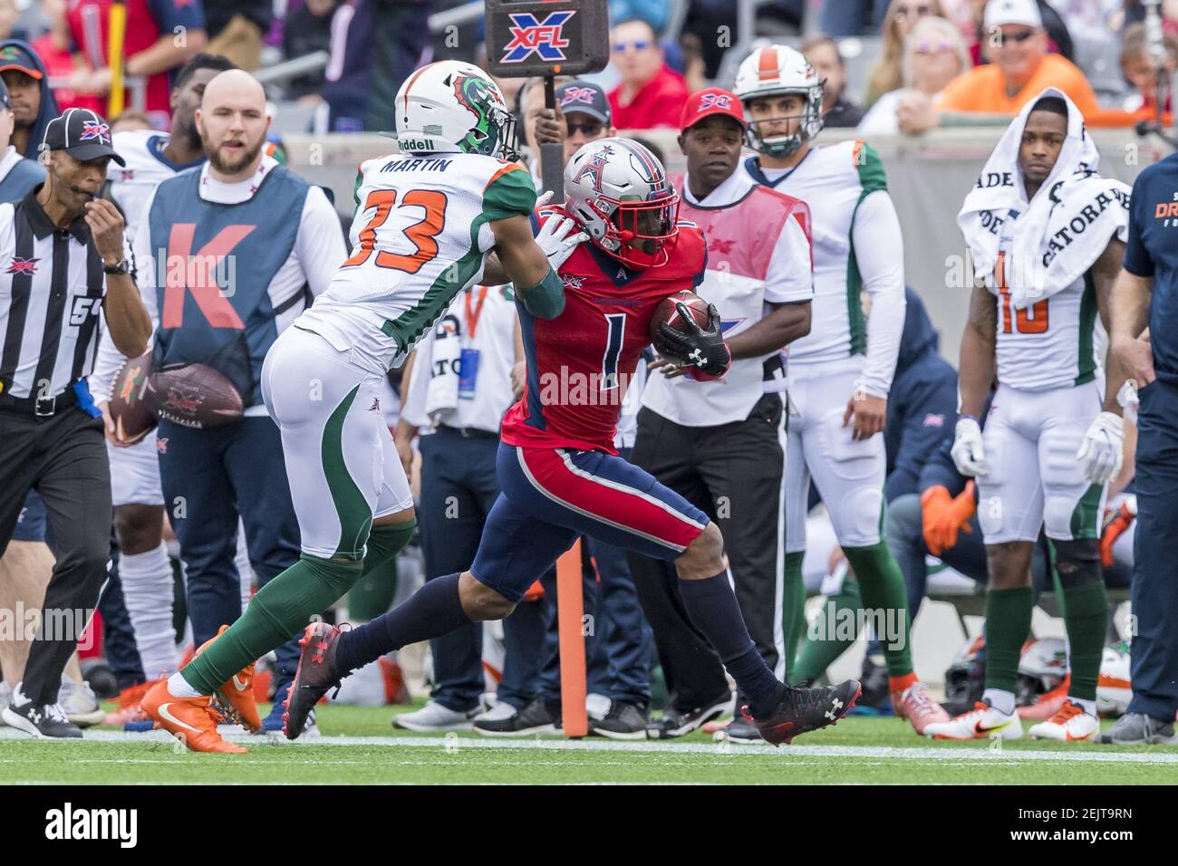 March 07, 2020 : Seattle Dragons safety Jordan Martin (33) pushes ...