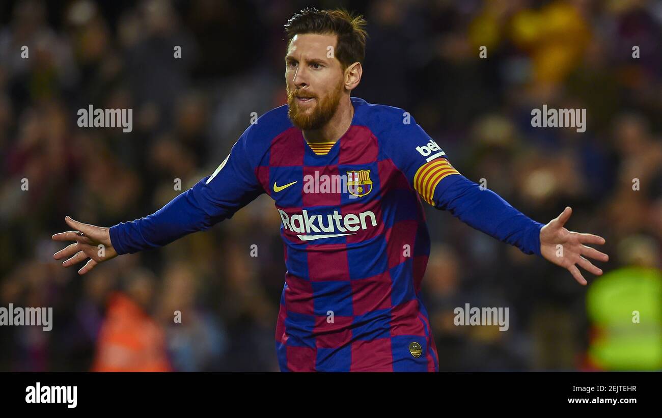 Lionel Messi of FC Barcelona celebrates after scoring the 1-0 during ...