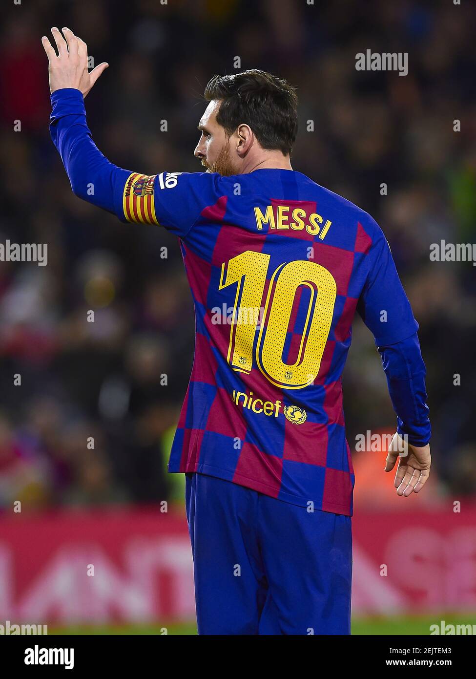 Lionel Messi of FC Barcelona celebrates after scoring the 1-0 during ...