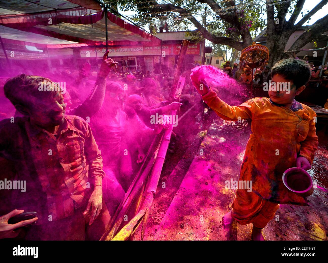 Hindu devotees covered with colorful (Vermilion powder) during the ...