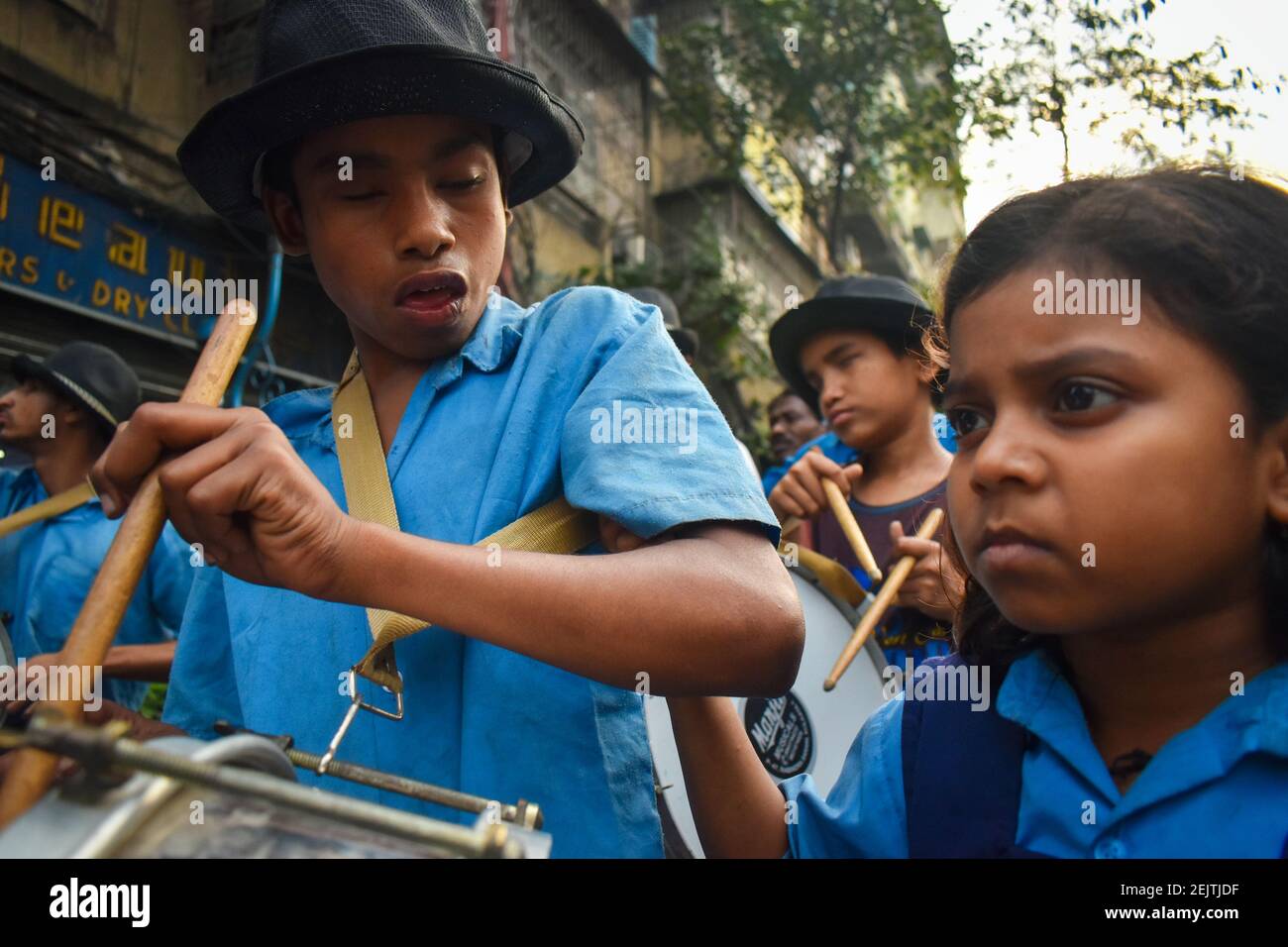 Blind young boys are playing drums in a rally welcoming the spring in ...