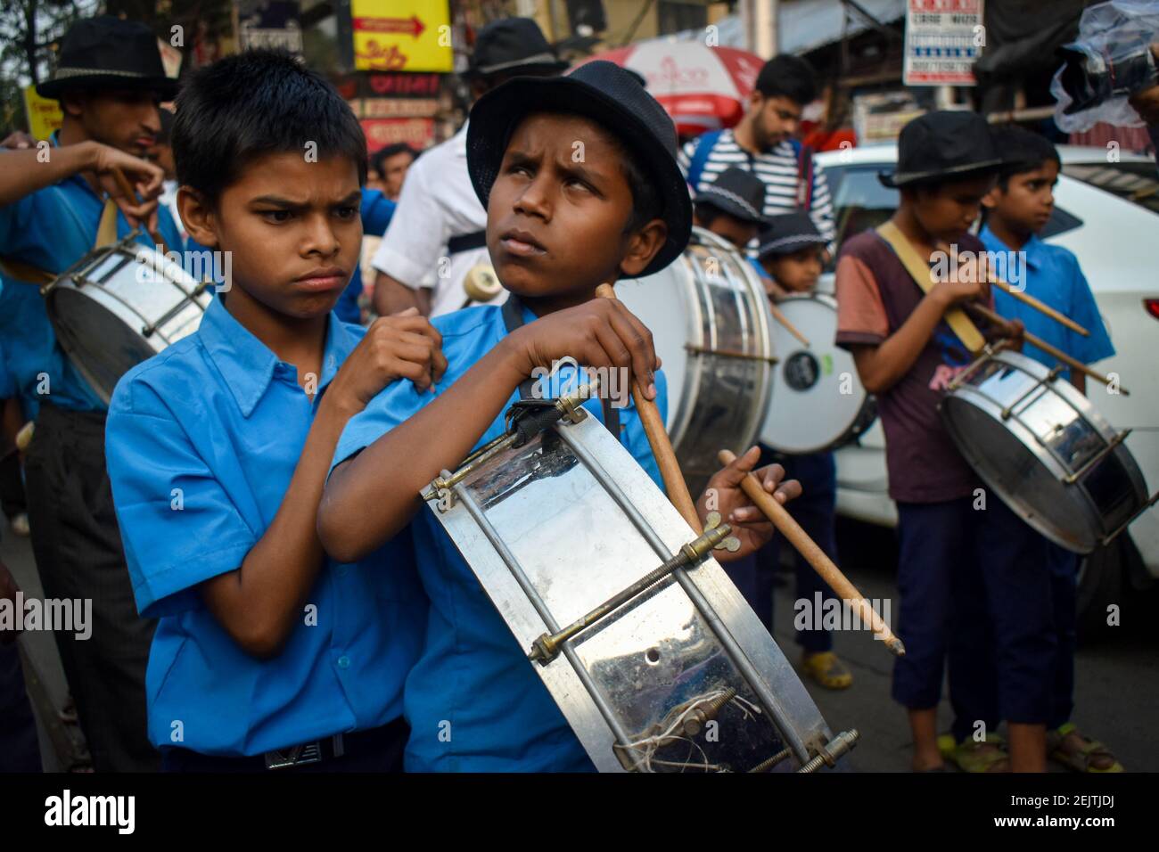 Blind young boys are playing drums in a rally welcoming the spring in ...