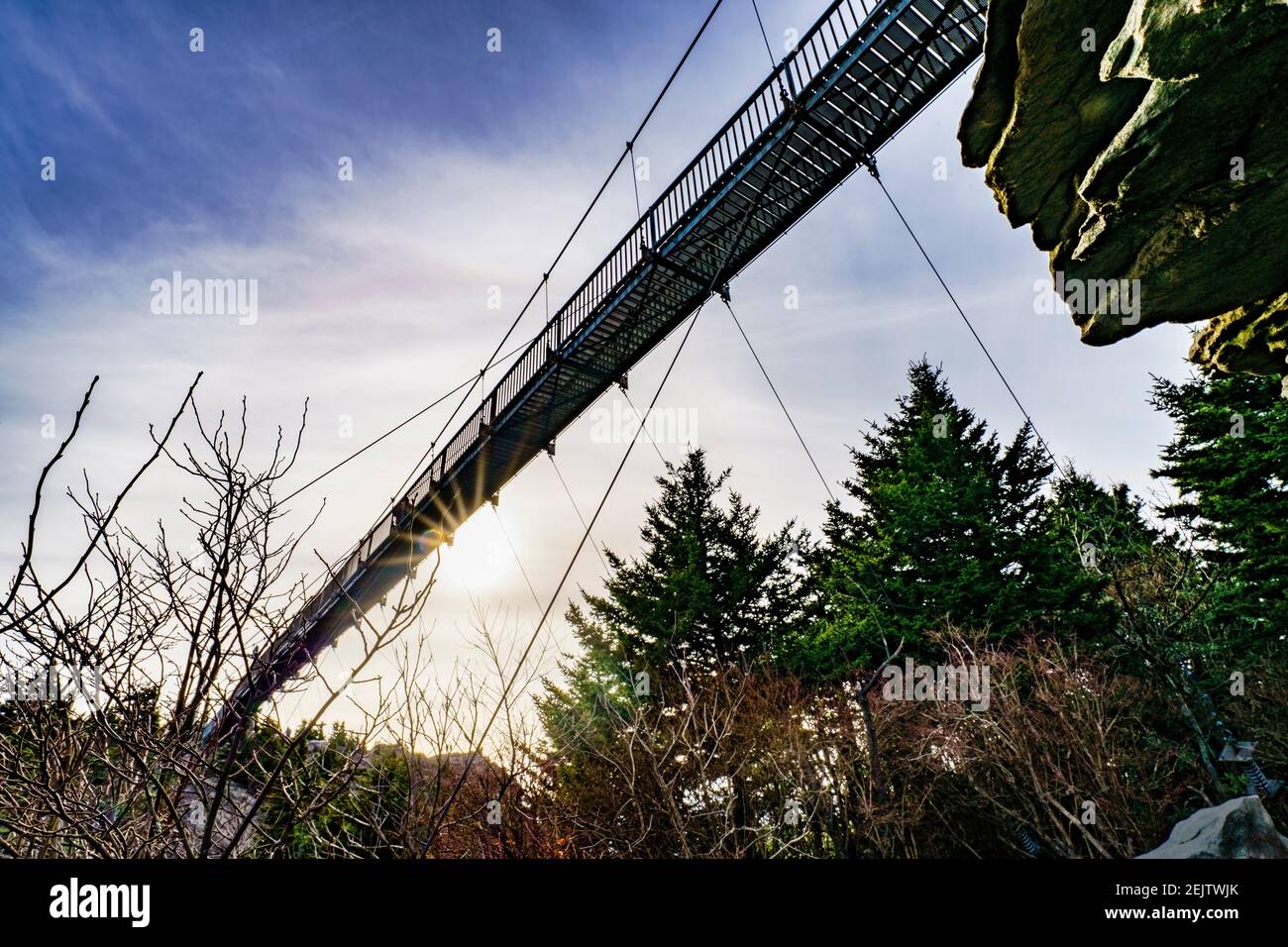 Looking up at the mile high swinging bridge at Grandfather Mountain in ...