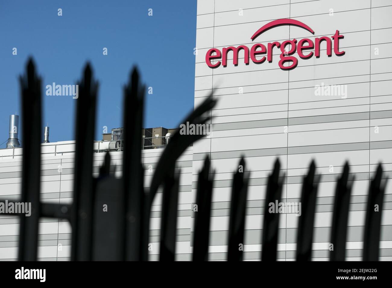 A logo sign outside of a facility occupied by Emergent BioSolutions in ...