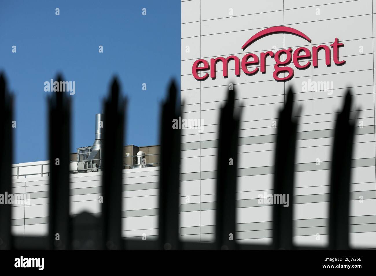 A logo sign outside of a facility occupied by Emergent BioSolutions in ...