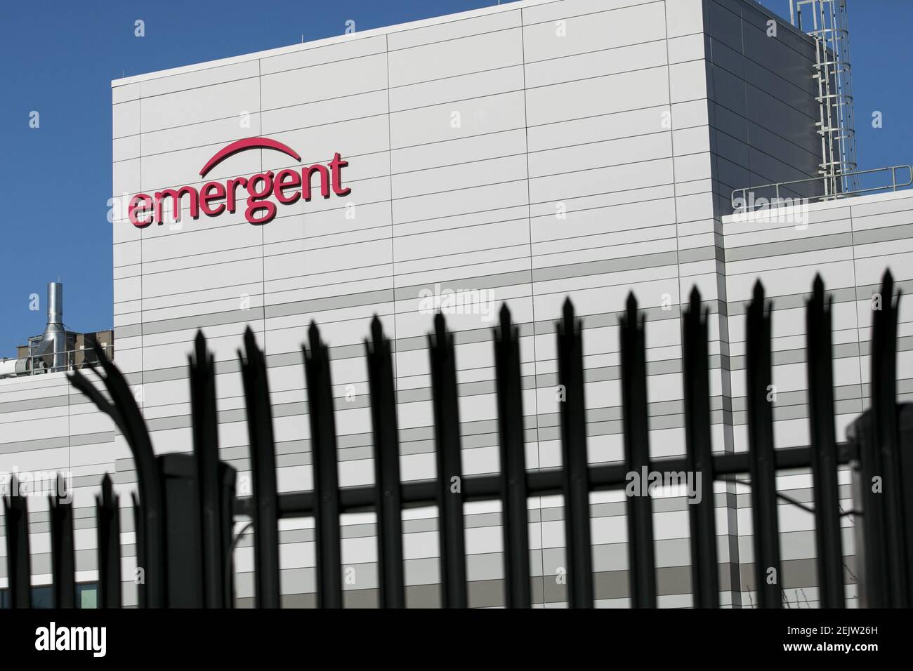 A logo sign outside of a facility occupied by Emergent BioSolutions in ...