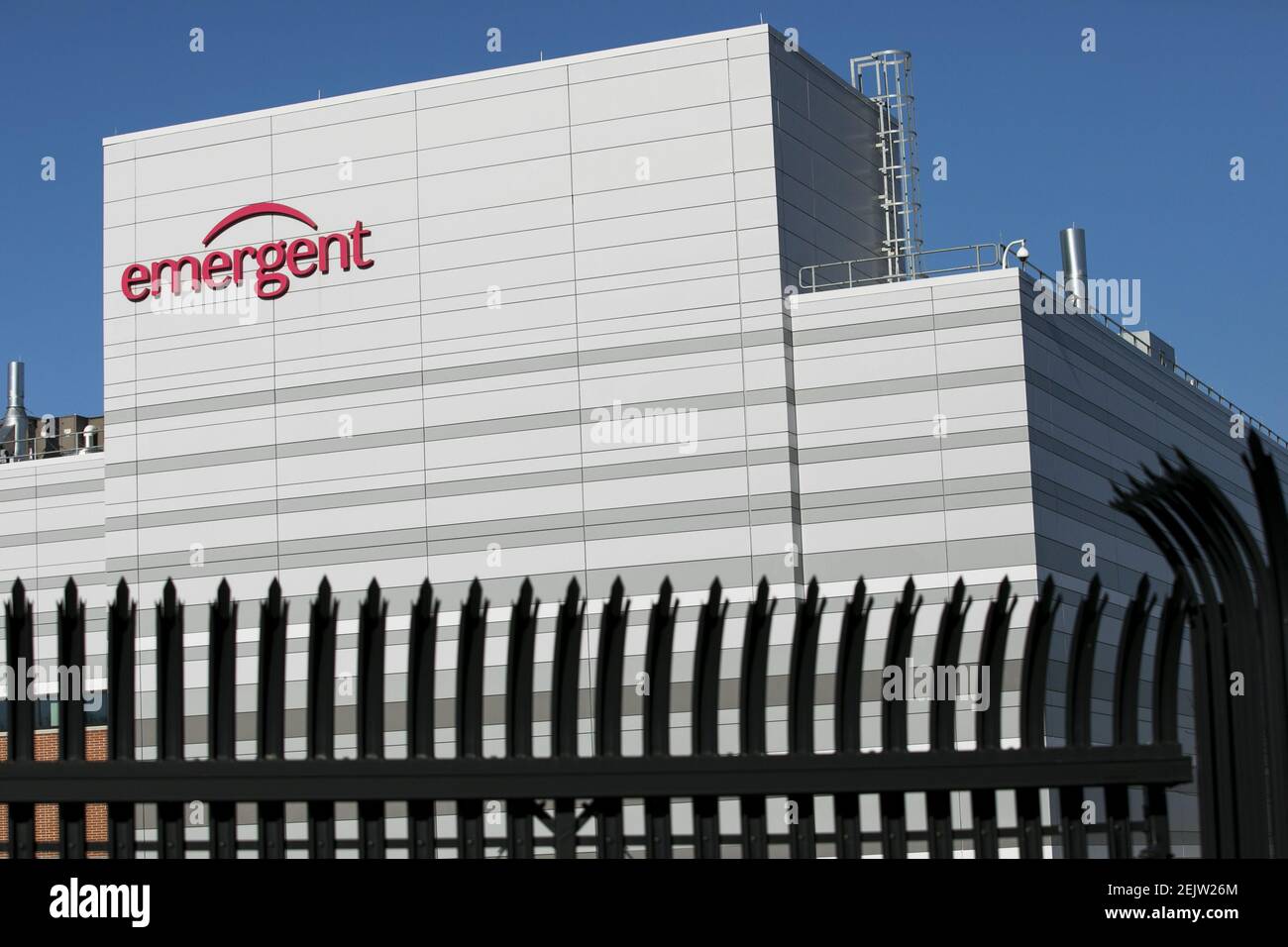 A logo sign outside of a facility occupied by Emergent BioSolutions in ...