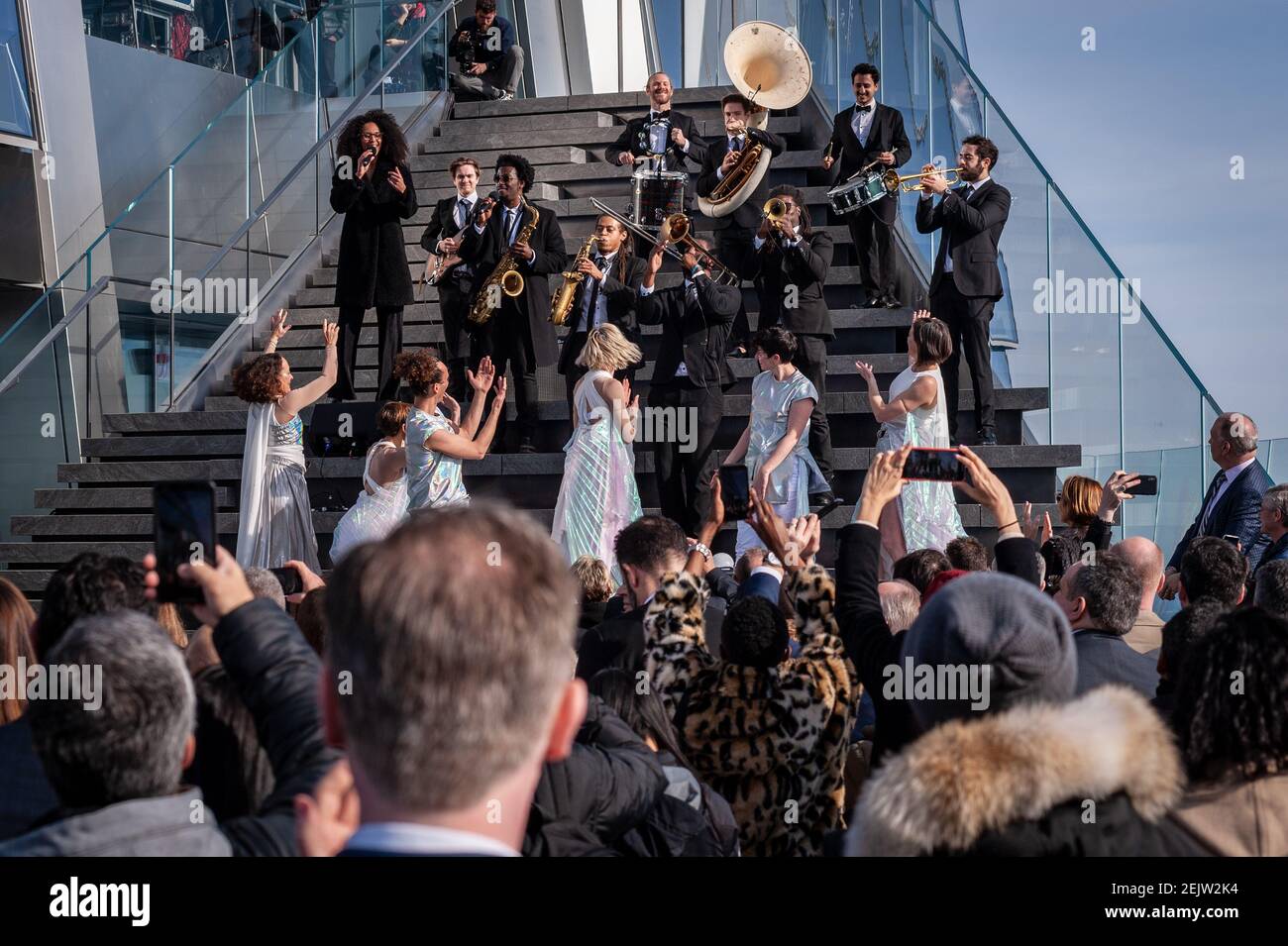 Hudson Horns performs on opening day of "Edge" - the highest outdoor ...