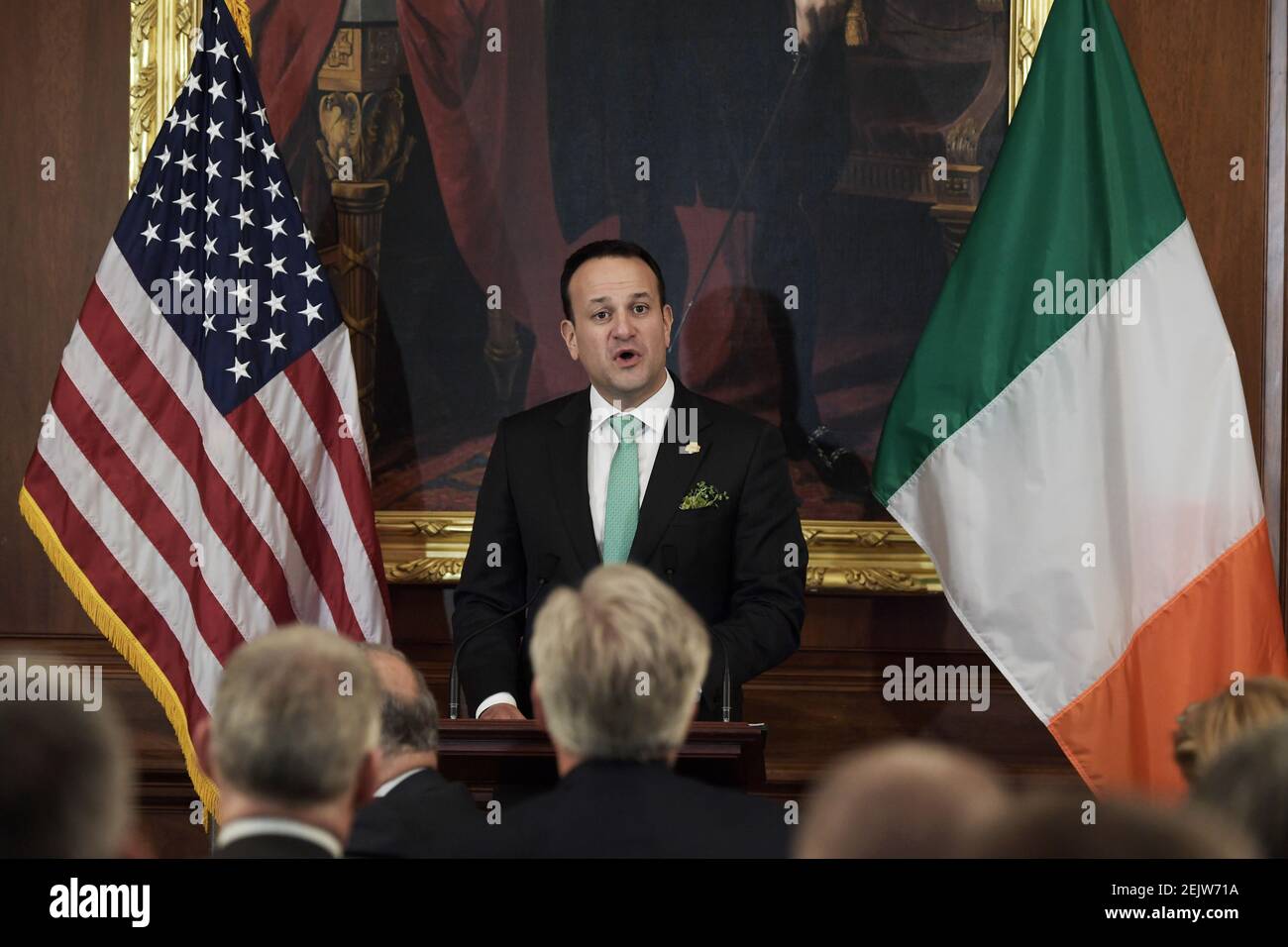 Irish Prime Minister Taoiseach Leo Varadkar delivers remarks during a ...