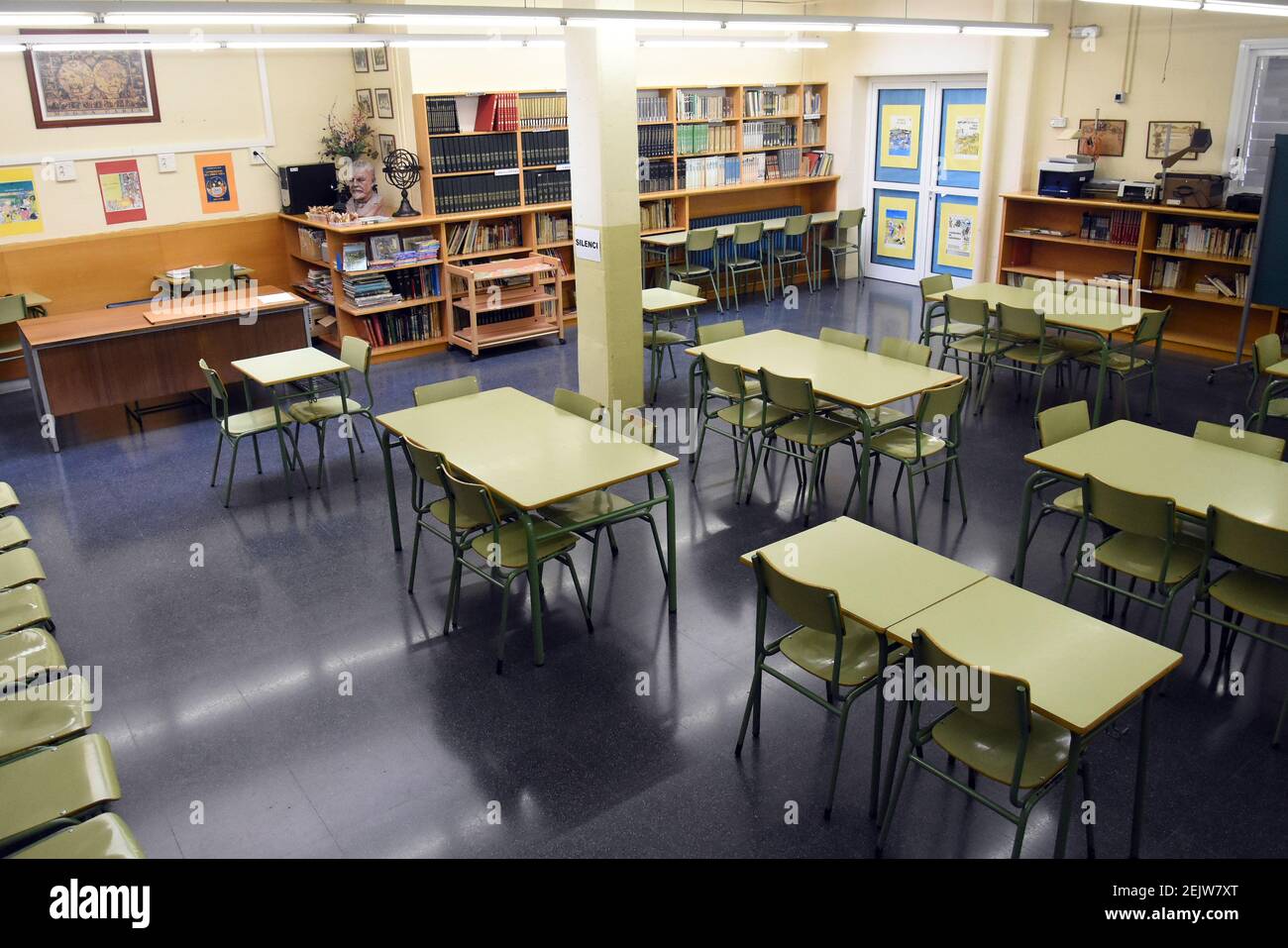 A view of an empty library at a school in Barcelona. Due to the ...