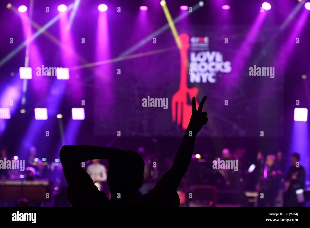 A fan throws a peace sign in the air as watches The Fourth Annual “Love ...