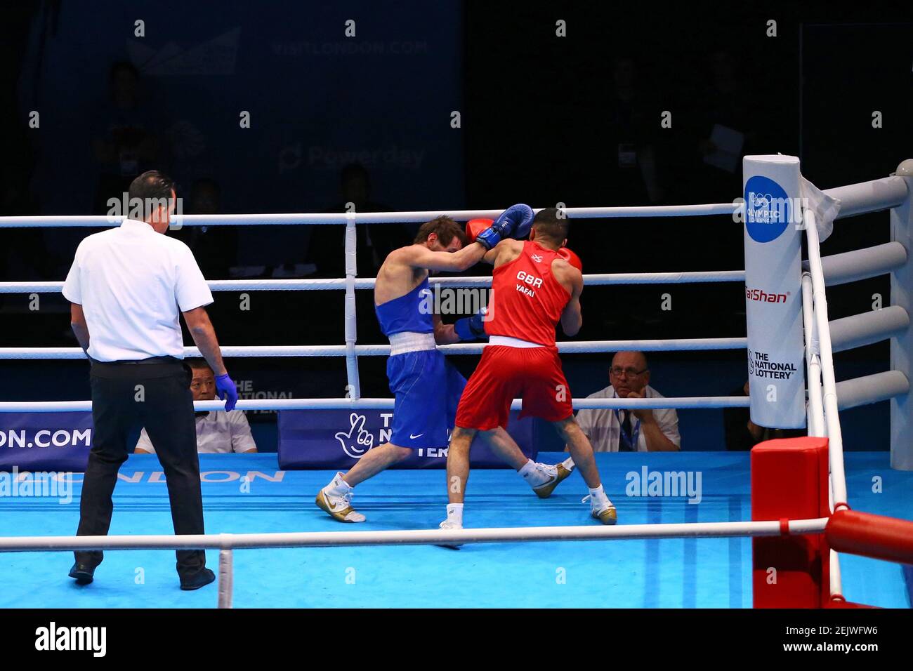Galal Yafai of Great Britain, wearing Red and Rasul Saliev of Russia ...