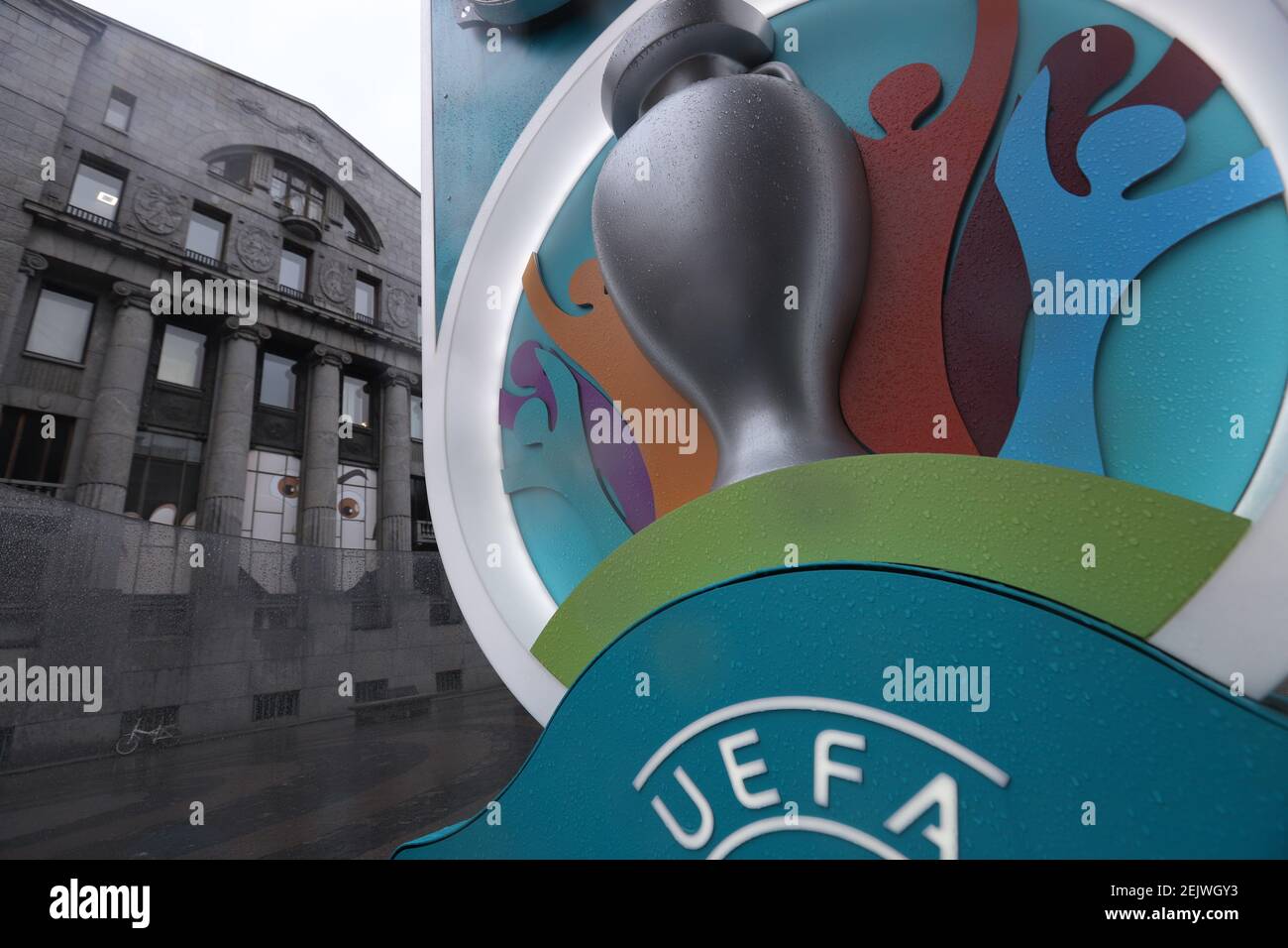 A Logo of the UEFA Euro 2020 is seen at a countdown clock. (Photo by ...