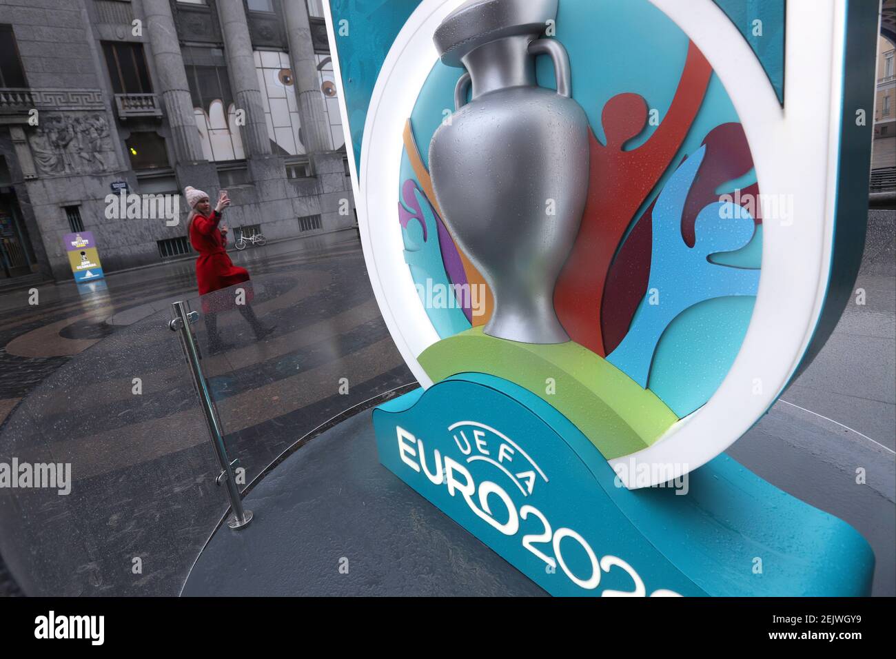 A Logo of the UEFA Euro 2020 is seen at a countdown clock. (Photo by ...