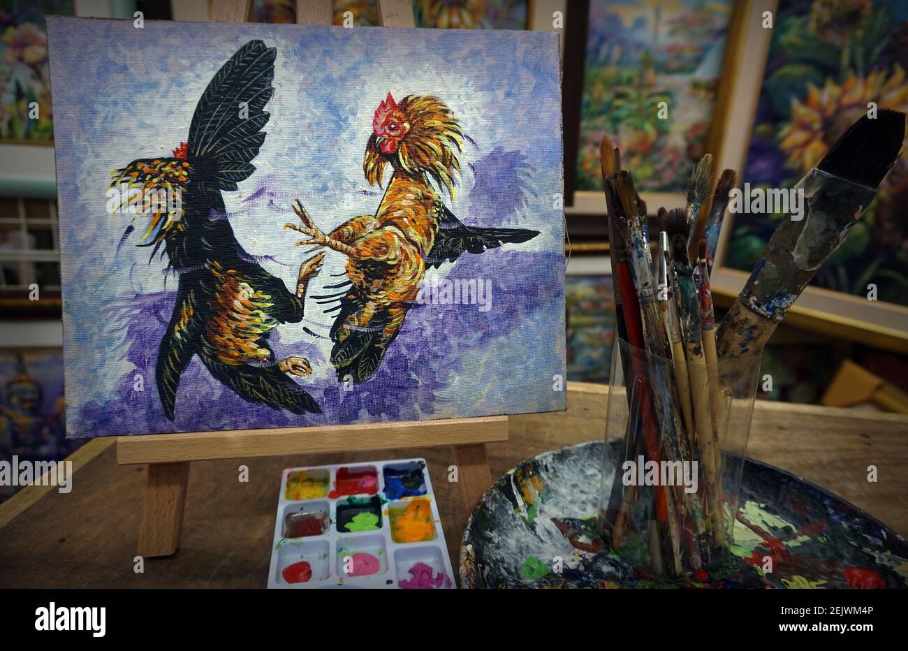 Art , painting ,oil color ,, chicken, cock, hen,chick , paint brushes ...