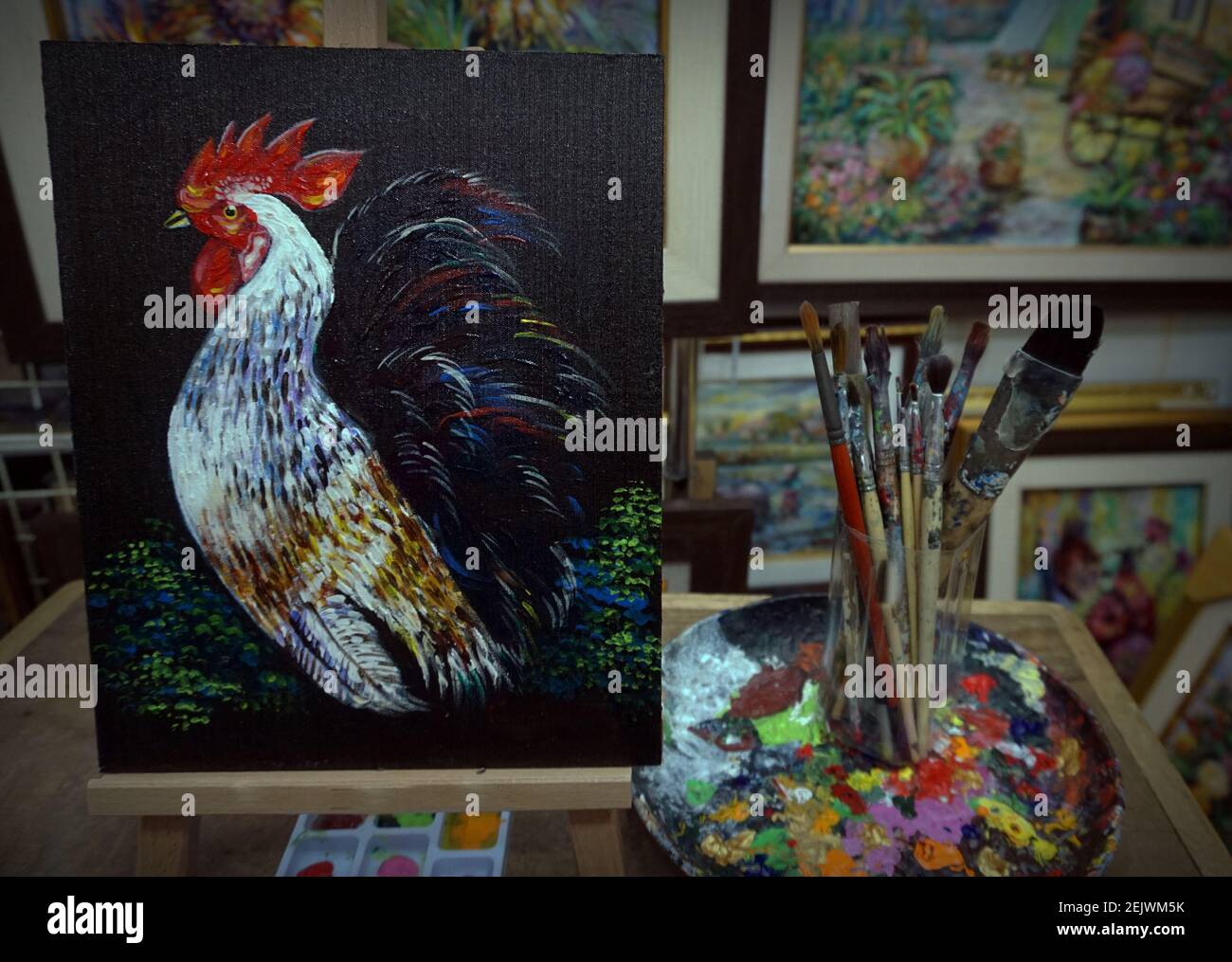 Art , painting ,oil color ,, chicken, cock, hen,chick , paint brushes ...