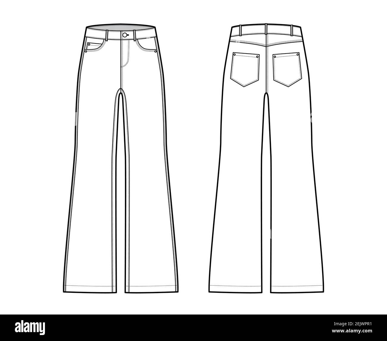 Set of Jeans wide leg Denim pants technical fashion illustration with ...
