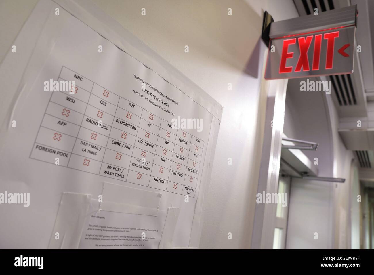 Temporary media seating chart is seen in the briefing room before U.S ...