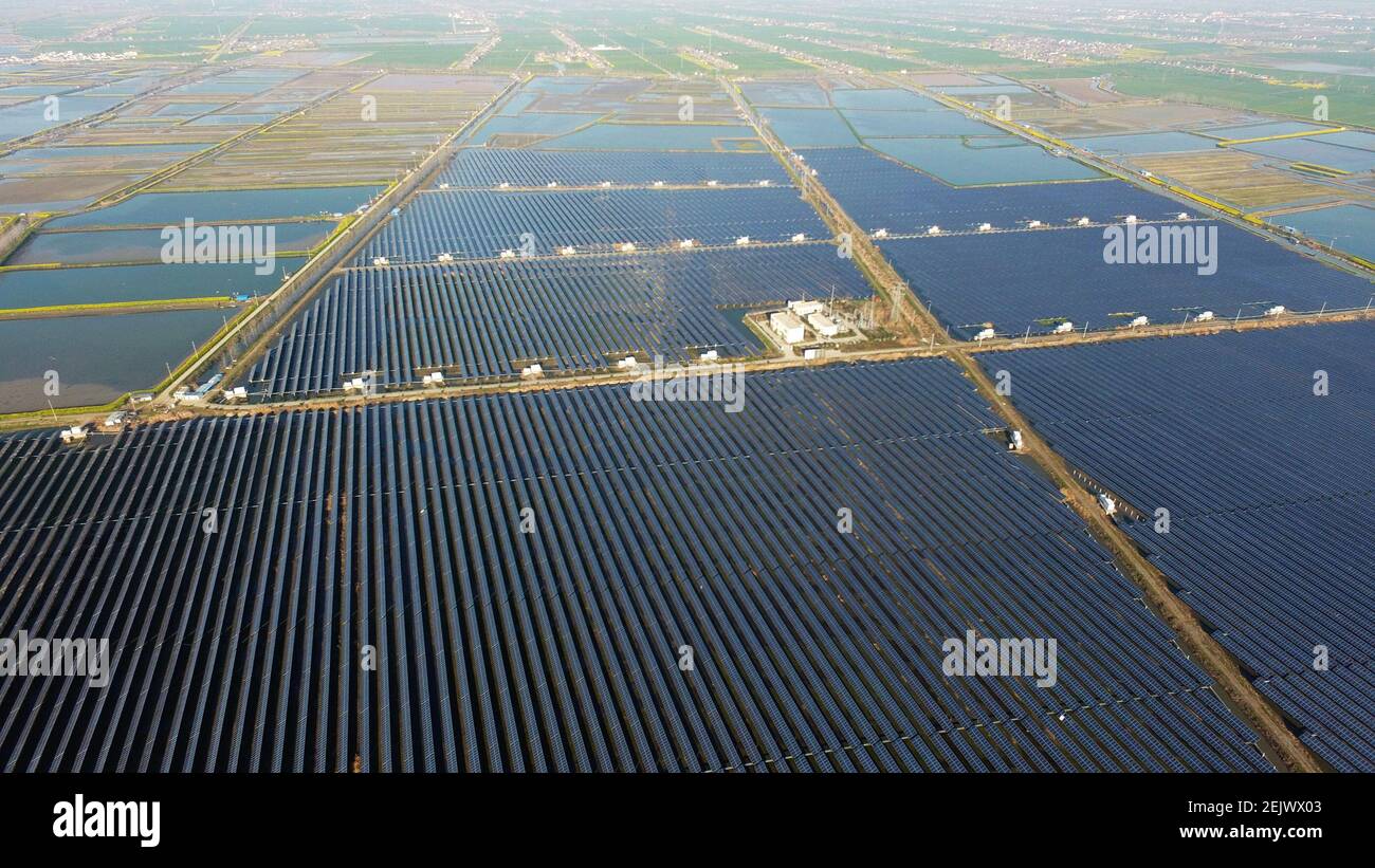 An aerial view of a photovoltaic power station, which is able to ...